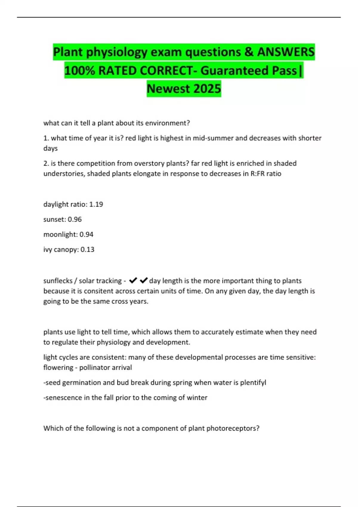 Plant physiology exam questions & ANSWERS 100% RATED CORRECT ...