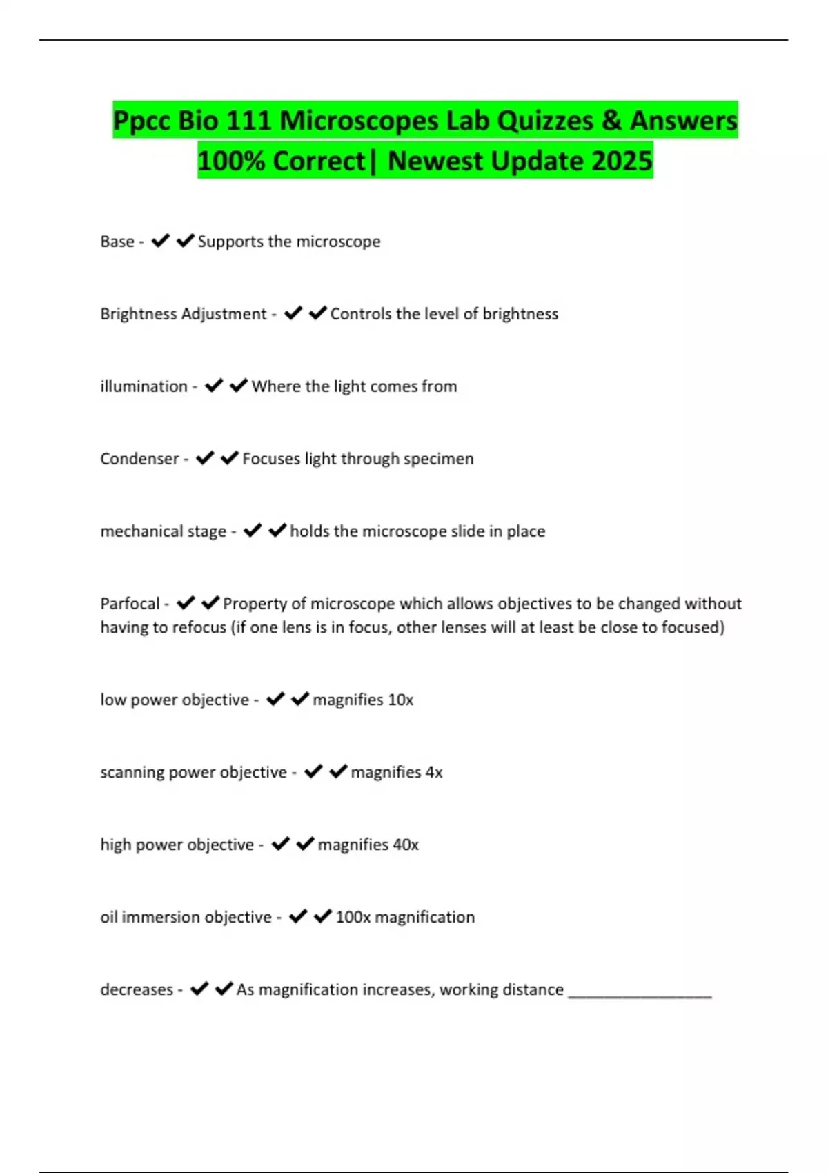 Ppcc Bio 111 Microscopes Lab Quizzes & Answers 100% Correct| Newest ...
