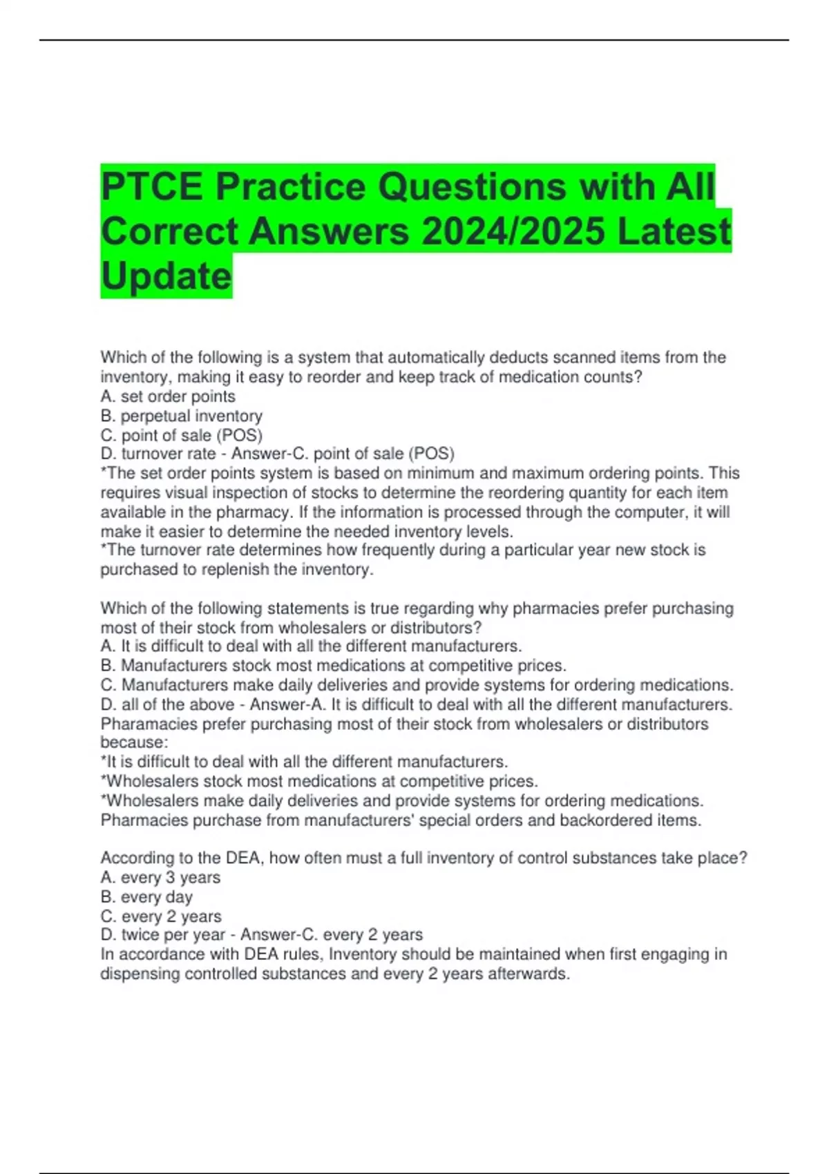 PTCE Practice Questions with All Correct Answers 2024/2025 Latest ...
