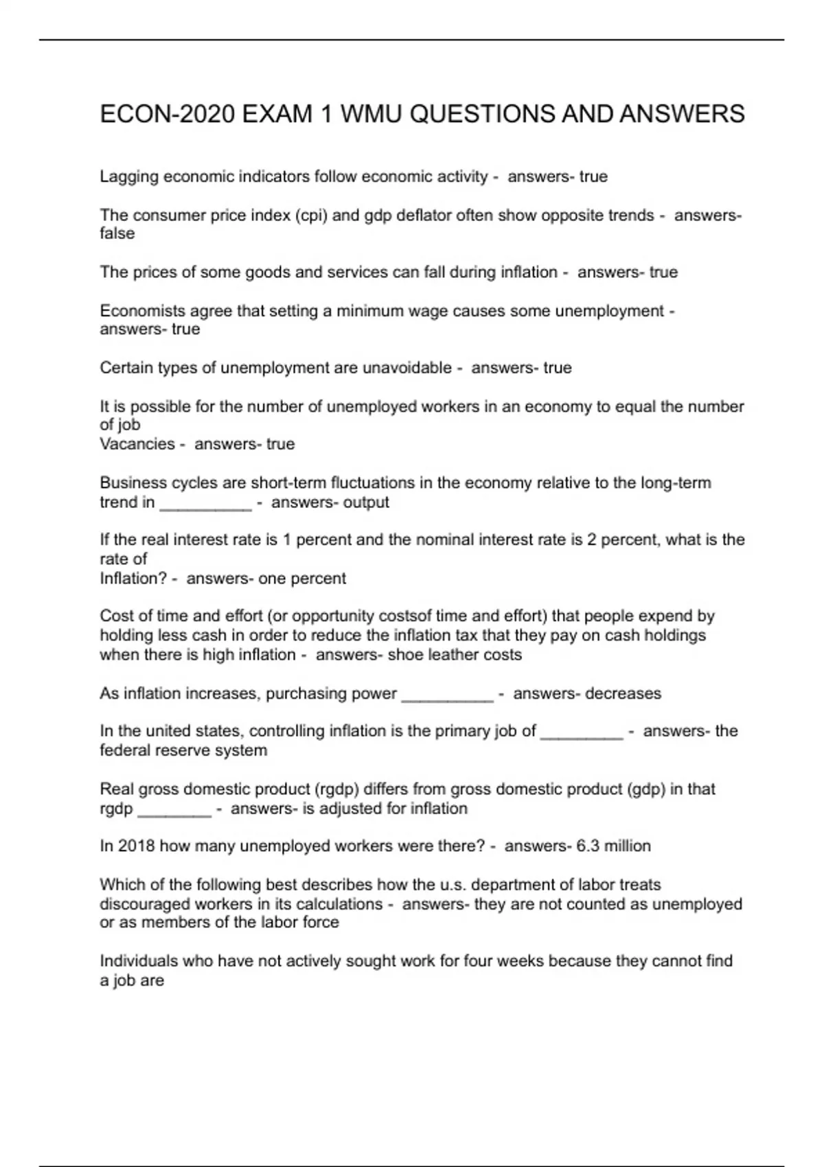 ECON-2020 EXAM 1 WMU QUESTIONS AND ANSWERS - ECON-2020 - Stuvia US