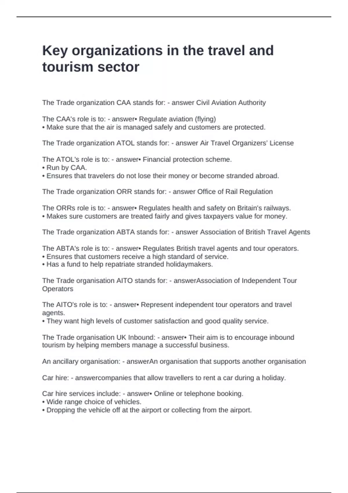 Key organizations in the travel and tourism sector Questions with ...