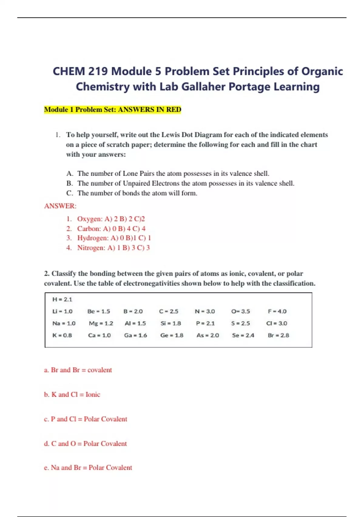 CHEM 219 Module 5 Problem Set Principles of Organic Chemistry with Lab ...