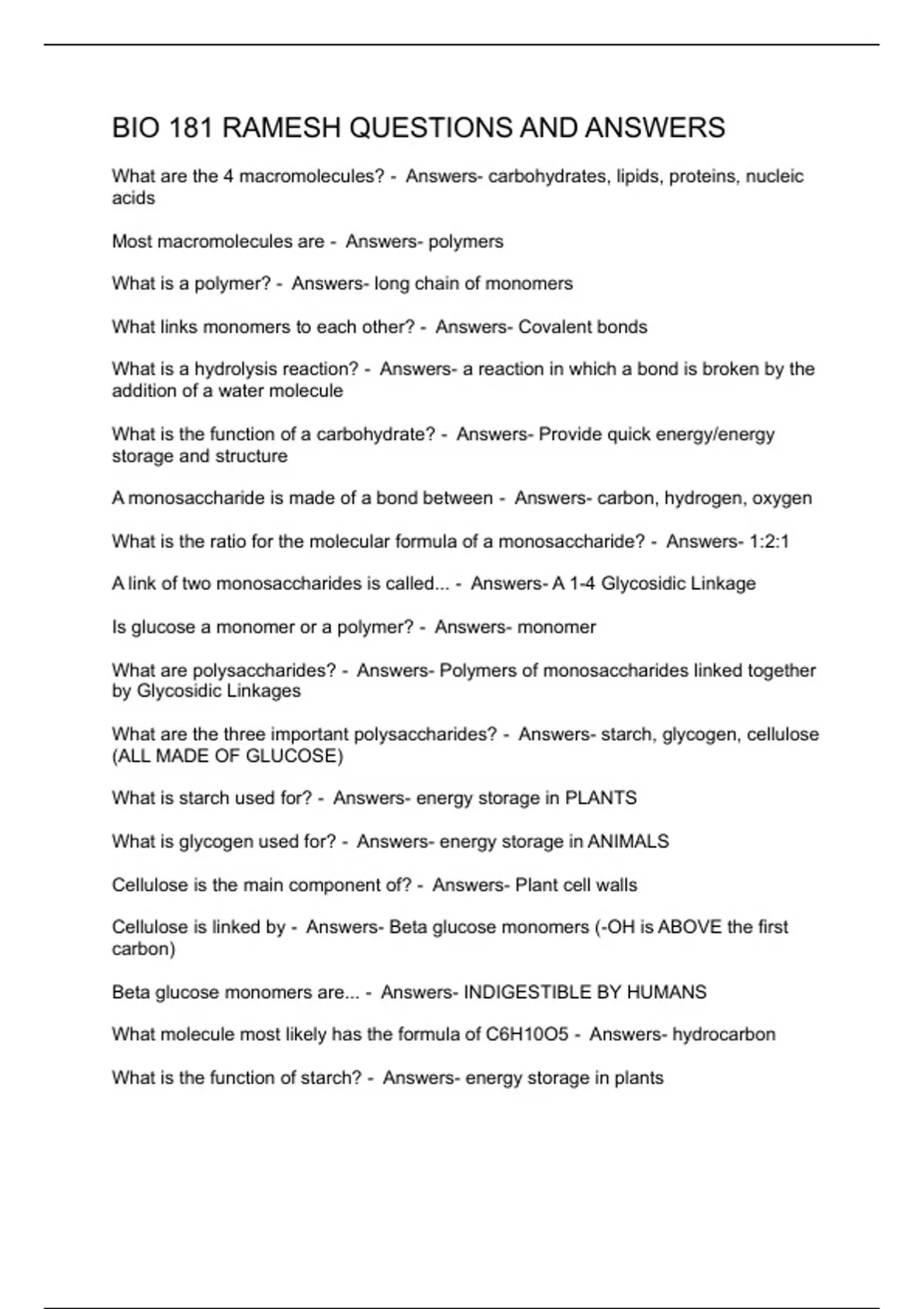 BIO 181 RAMESH QUESTIONS AND ANSWERS - BIO 181 - Stuvia US