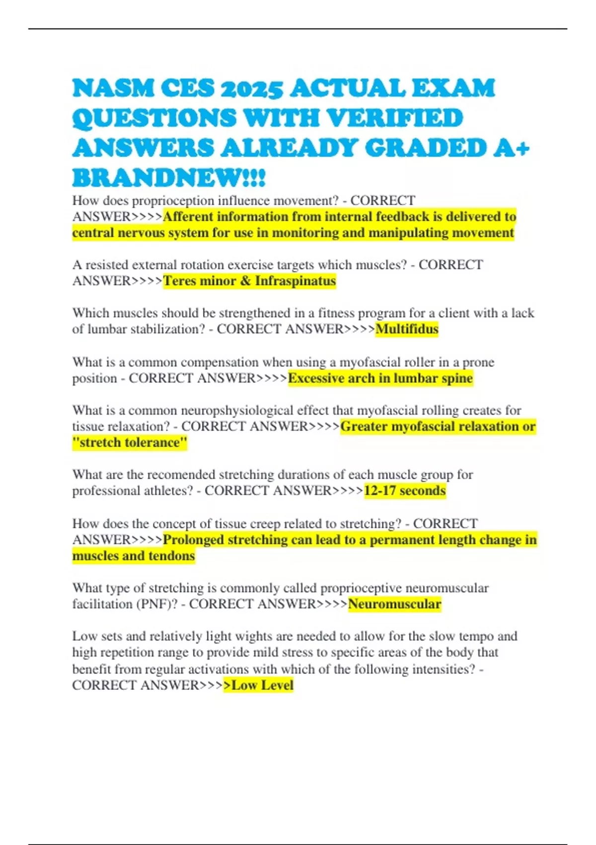 NASM CES 2025 ACTUAL EXAM QUESTIONS WITH VERIFIED ANSWERS ALREADY ...