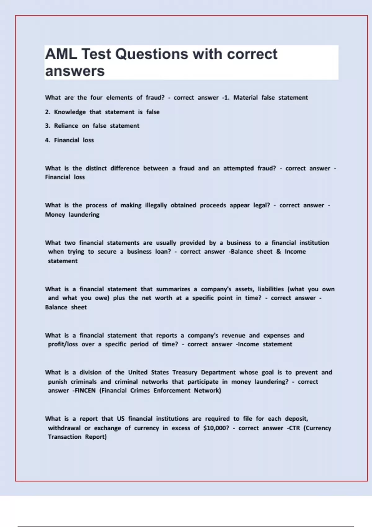 AML Test Questions with correct answersAML Test Questions with correct ...