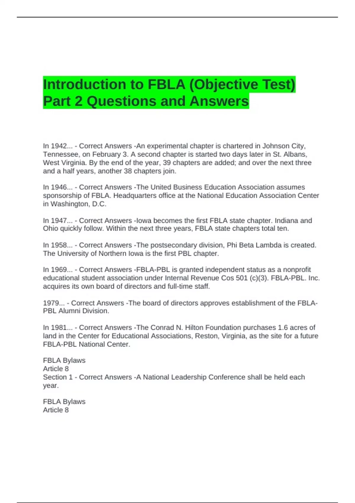Introduction to FBLA (Objective Test) Part 2 Questions and Answers ...