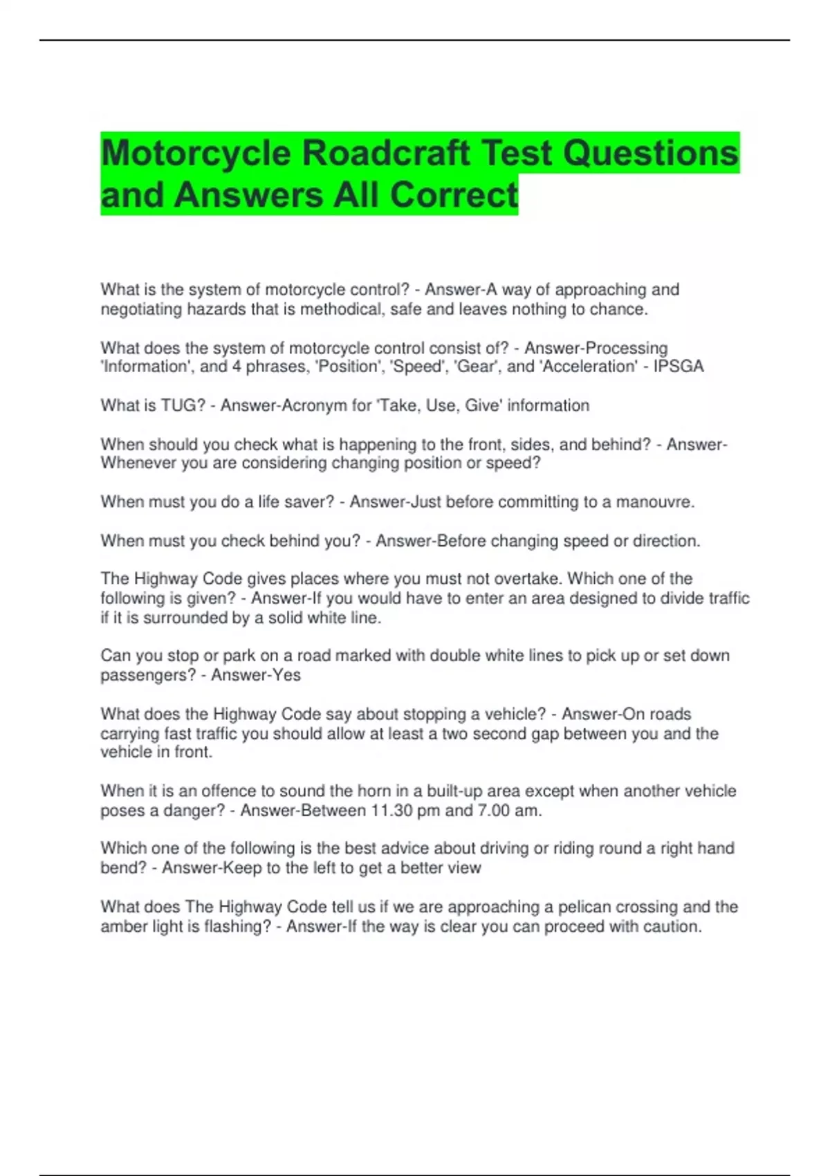 Motorcycle Roadcraft Test Questions and Answers All Correct ...