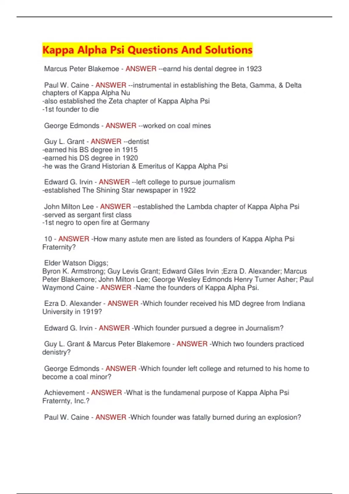 Kappa Alpha Psi Questions And Solutions - Kappa Alpha Psi - Stuvia US