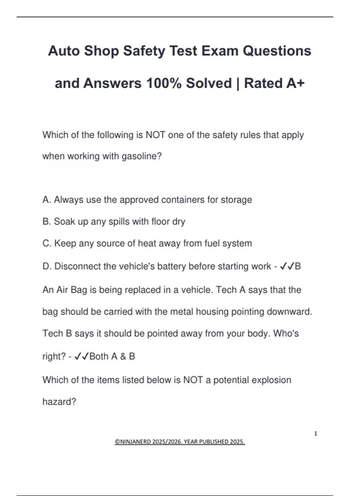 Auto Shop Safety Test Exam Questions and Answers 100% Solved | Rated A+ ...