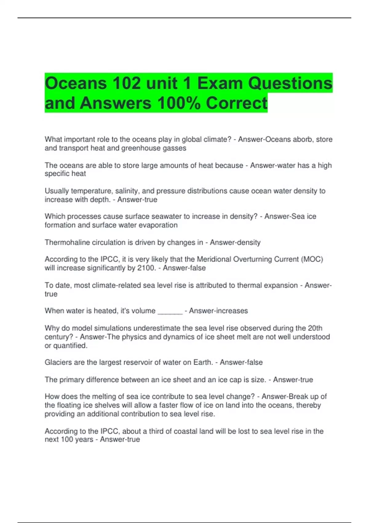 Oceans 102 unit 1 Exam Questions and Answers 100% Correct - Oceans 102 ...