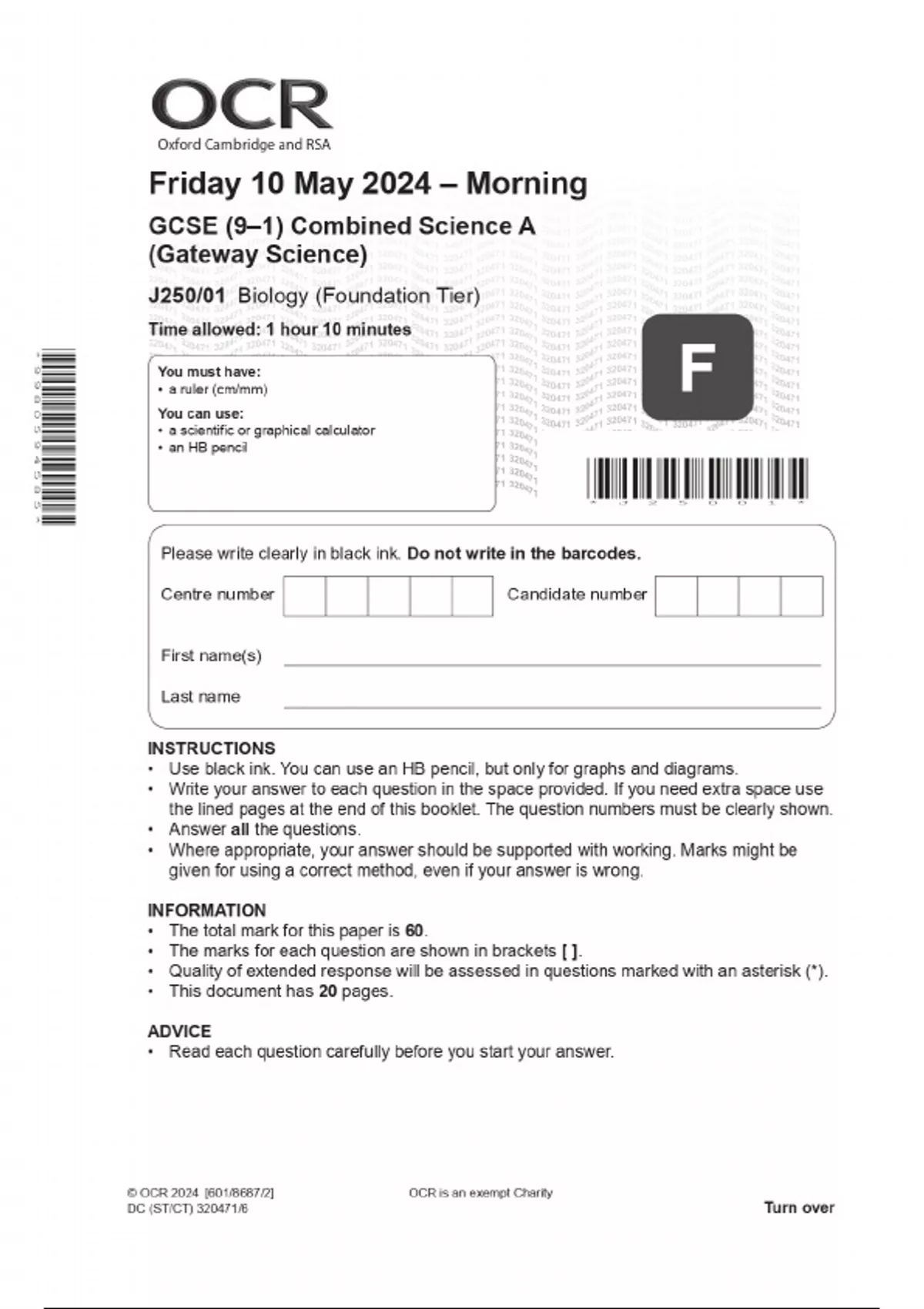 Ocr Gcse 9 1 Combined Science A Gateway Science J250 01 Biology Foundation Tier May 2024