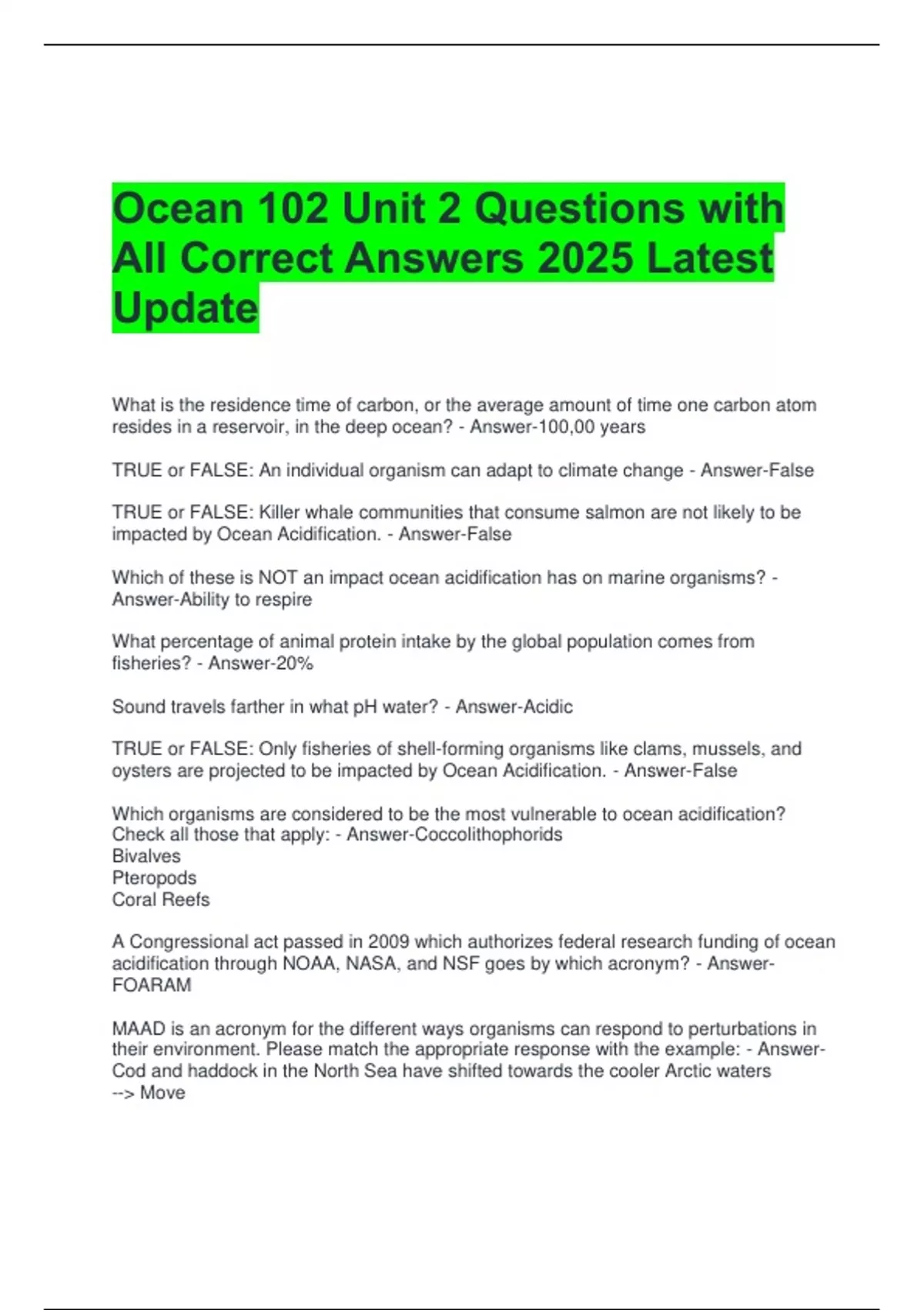 Ocean 102 Unit 2 Questions with All Correct Answers 2025 Latest Update ...