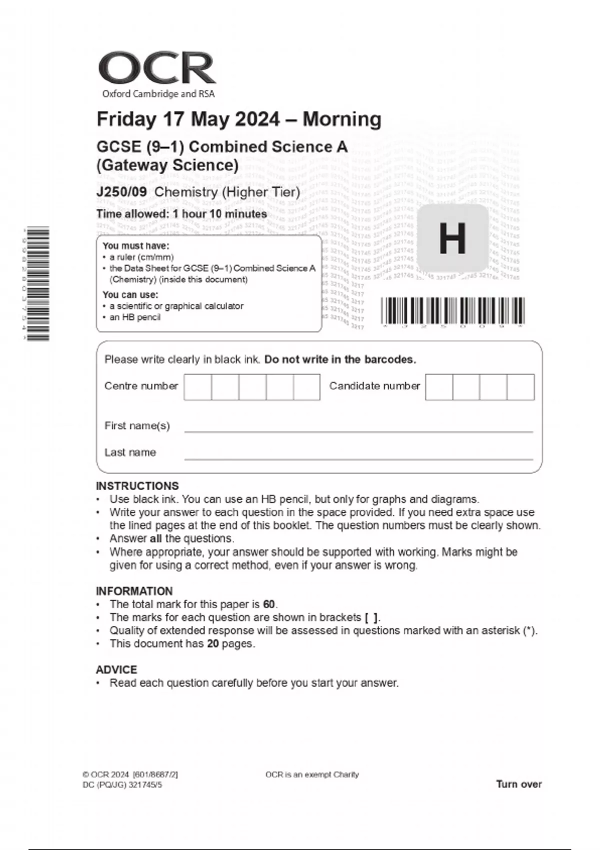 Ocr Gcse 9 1 Combined Science A Gateway Science J250 09 Chemistry Higher Tier May 2024