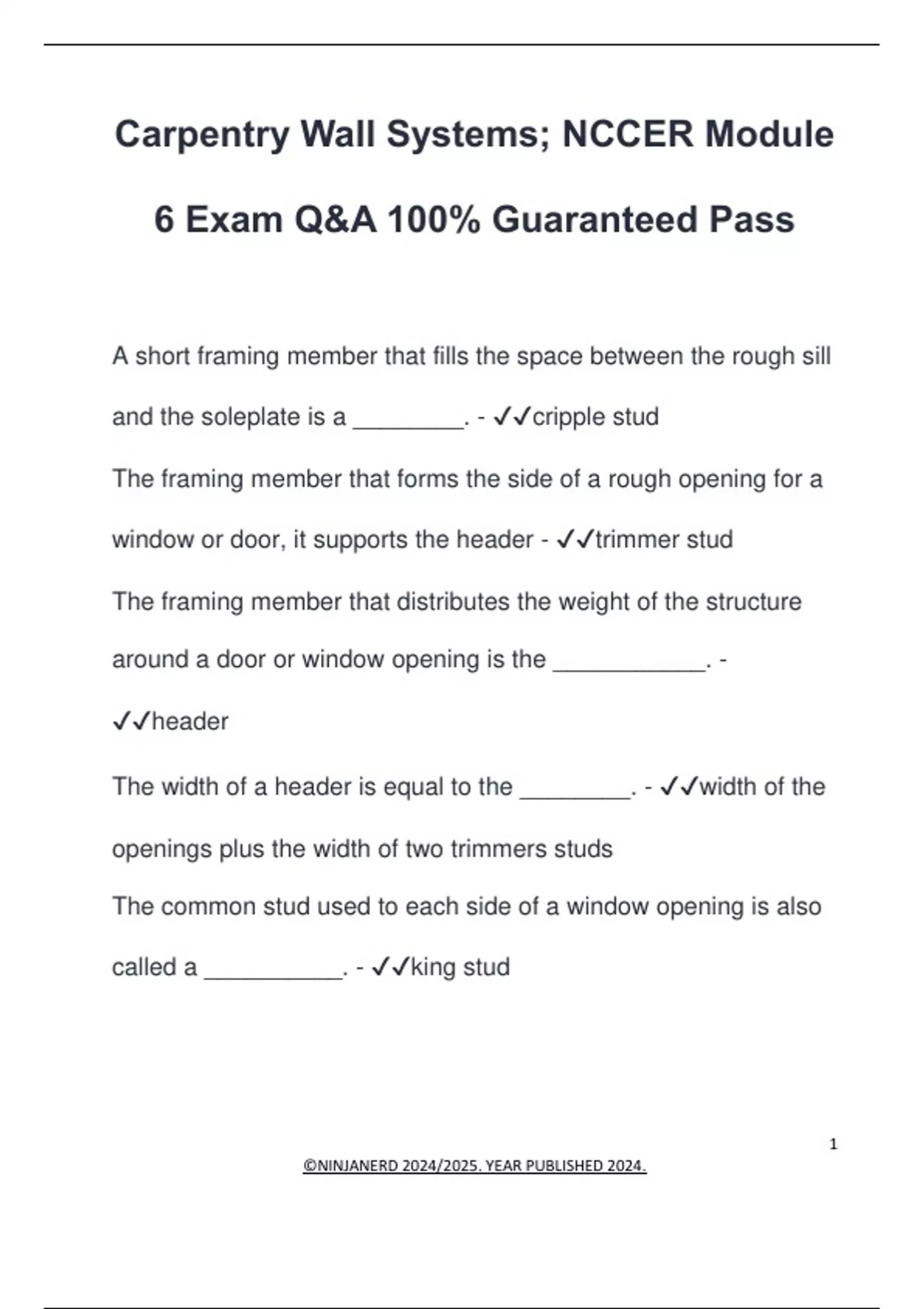Carpentry Wall Systems; NCCER Module 6 Exam Q&A 100% Guaranteed Pass ...