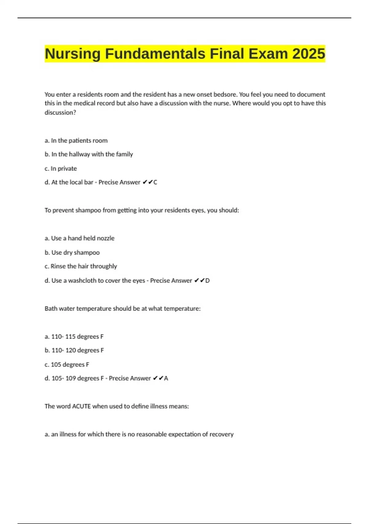 Nursing Fundamentals Final Exam 2025 - Nursing Fundamentals - Stuvia US