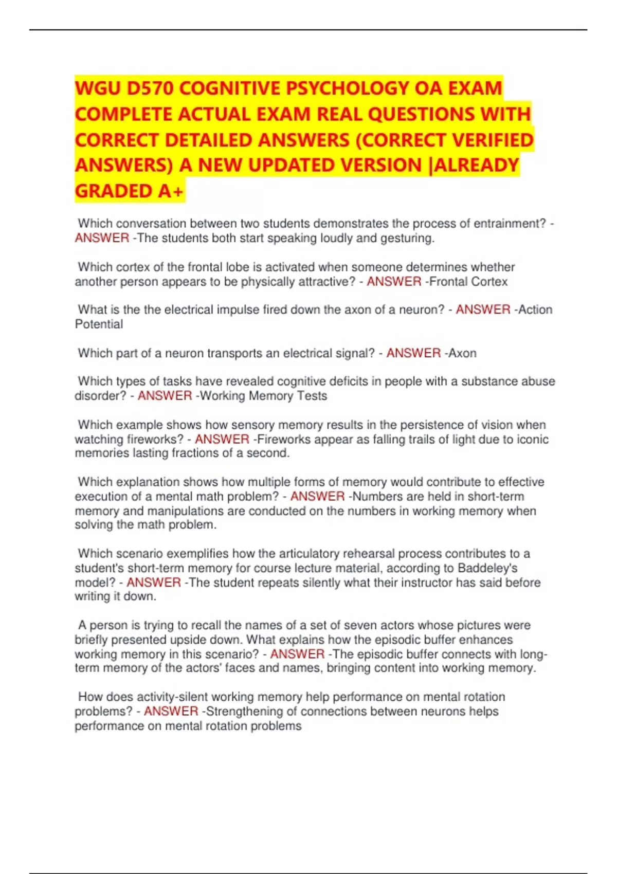 WGU D570 COGNITIVE PSYCHOLOGY OA EXAM COMPLETE ACTUAL EXAM REAL QUESTIONS WITH CORRECT DETAILED ...