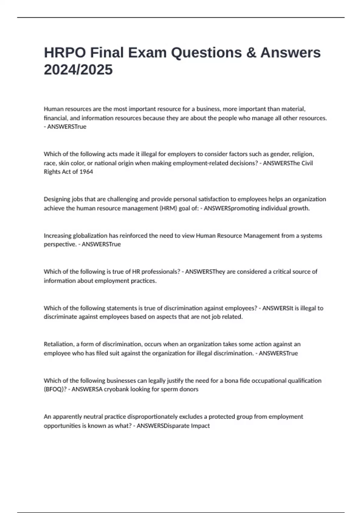 HRPO Final Exam Questions & Answers 2024/2025 - HRPO - Stuvia US
