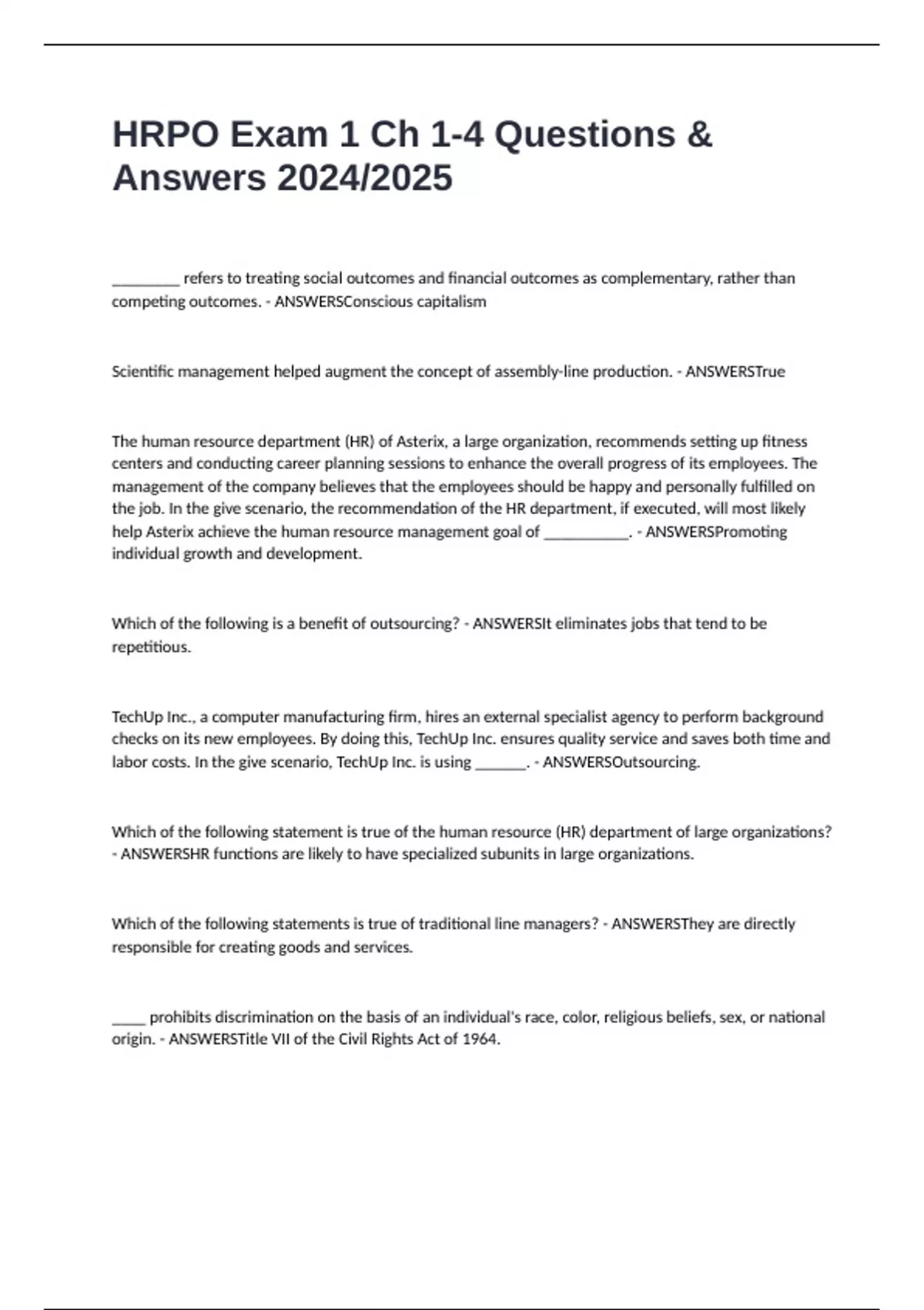 HRPO Exam 1 Ch 1-4 Questions & Answers 2024/2025 - HRPO - Stuvia US