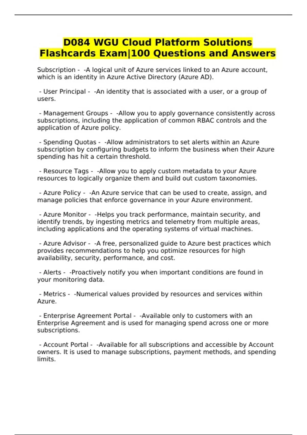 D084 WGU Cloud Platform Solutions Flashcards Exam|100 Questions and Answers - D084 WGU Cloud ...