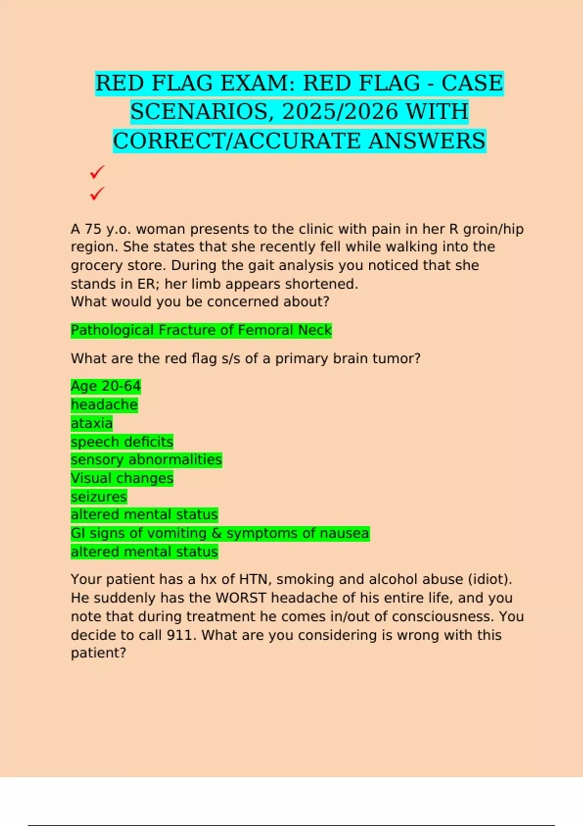 RED FLAG EXAM: RED FLAG - CASE SCENARIOS, 2025/2026 WITH CORRECT ...