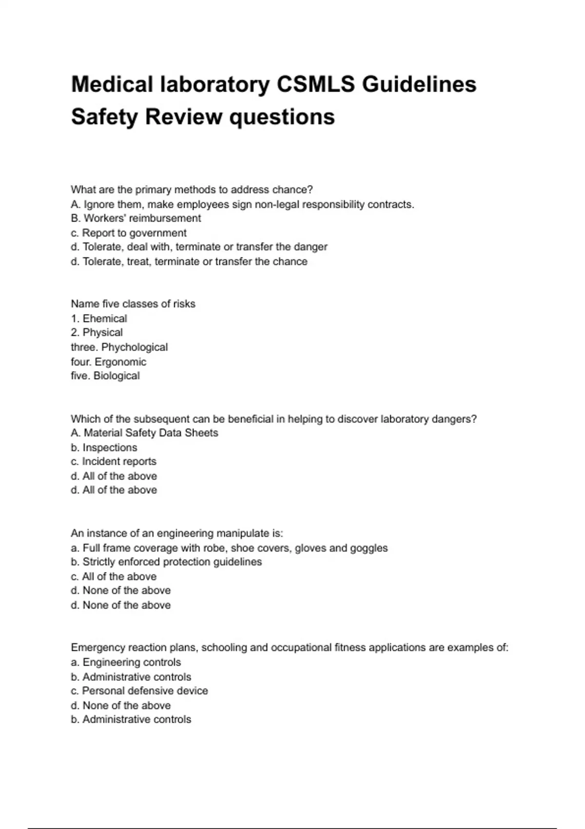 Medical laboratory CSMLS Guidelines Safety Review QUESTIONS WITH ...