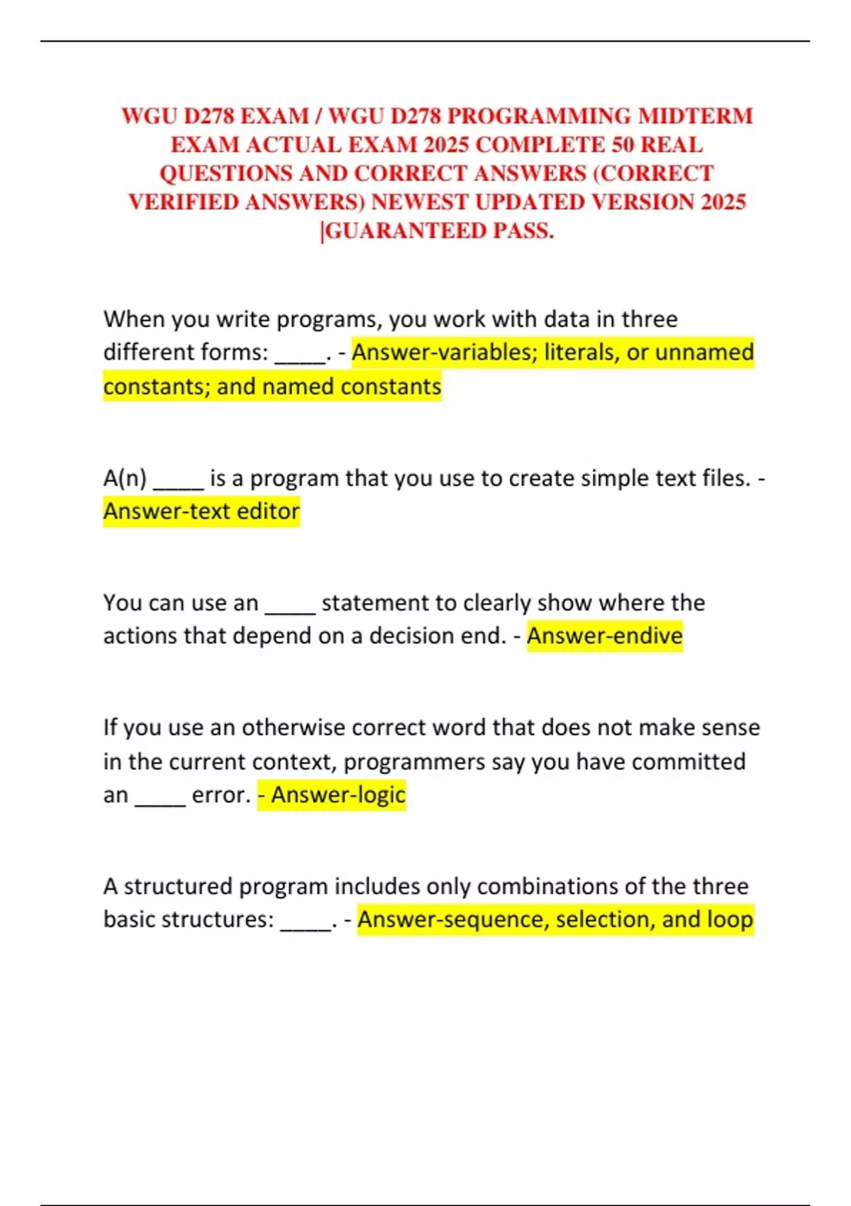 WGU D278 EXAM / WGU D278 PROGRAMMING MIDTERM EXAM ACTUAL EXAM 2025 COMPLETE 50 REAL QUESTIONS ...