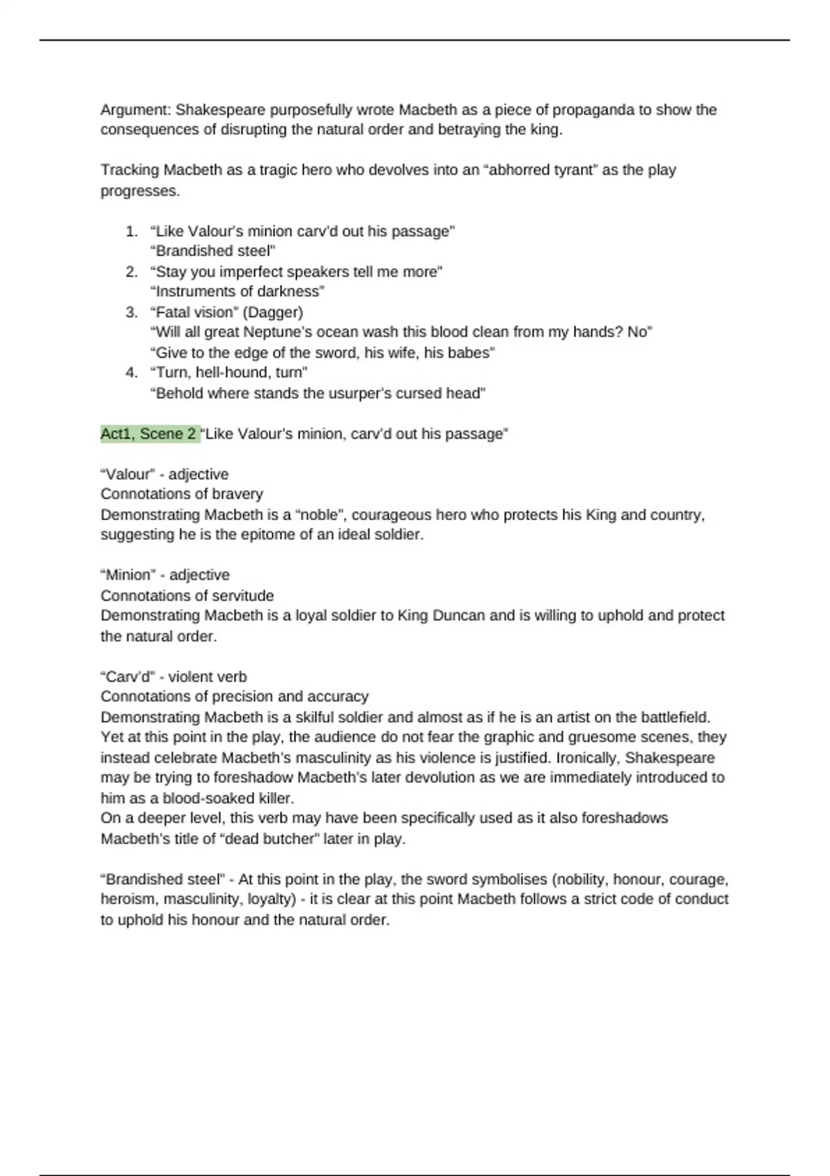 Summary Key quotes - Grade 9 analysis Macbeth - English - Stuvia UK