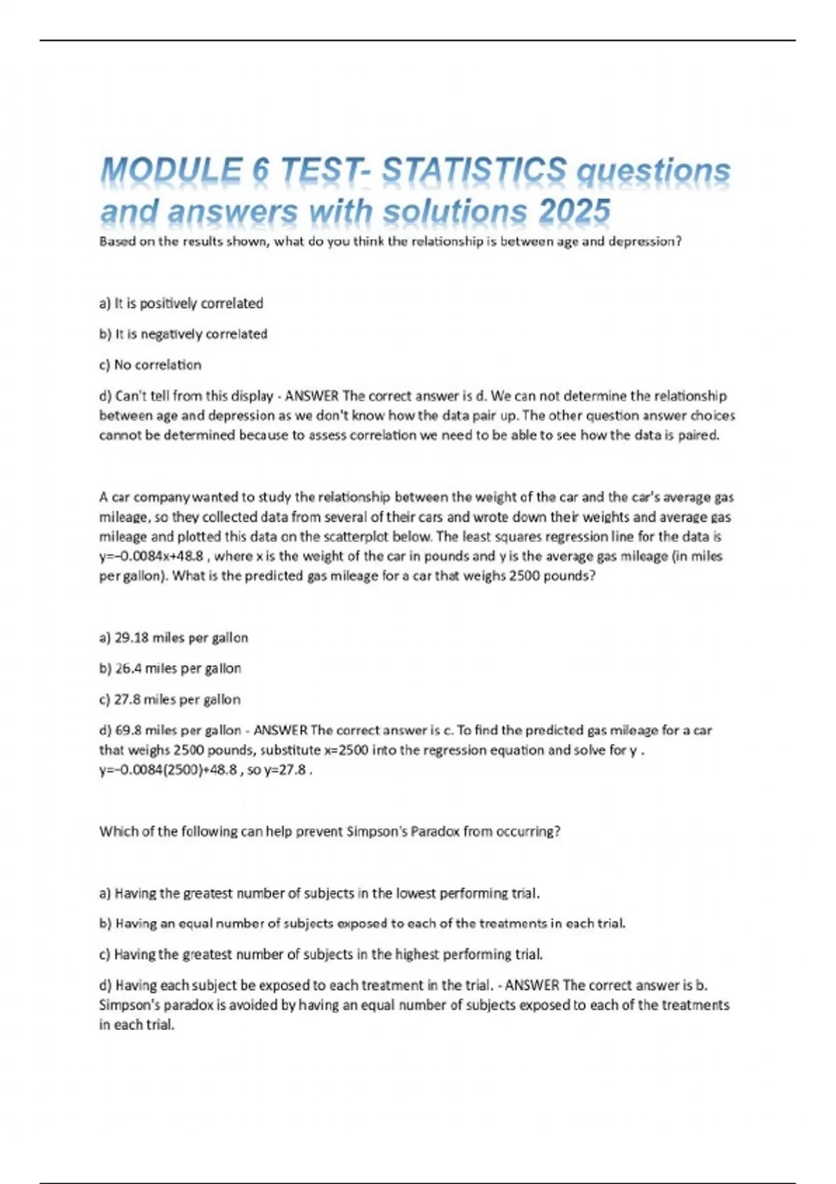 Module 6 Test Statistics Questions And Answers With Solutions 2025 Wgu C784 Applied