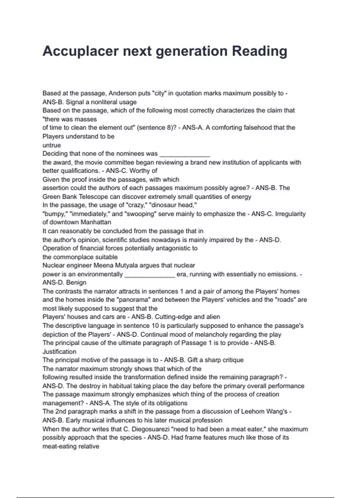 Accuplacer Next Generation Reading Questions With Detailed Verified Answers 2025 2026 100