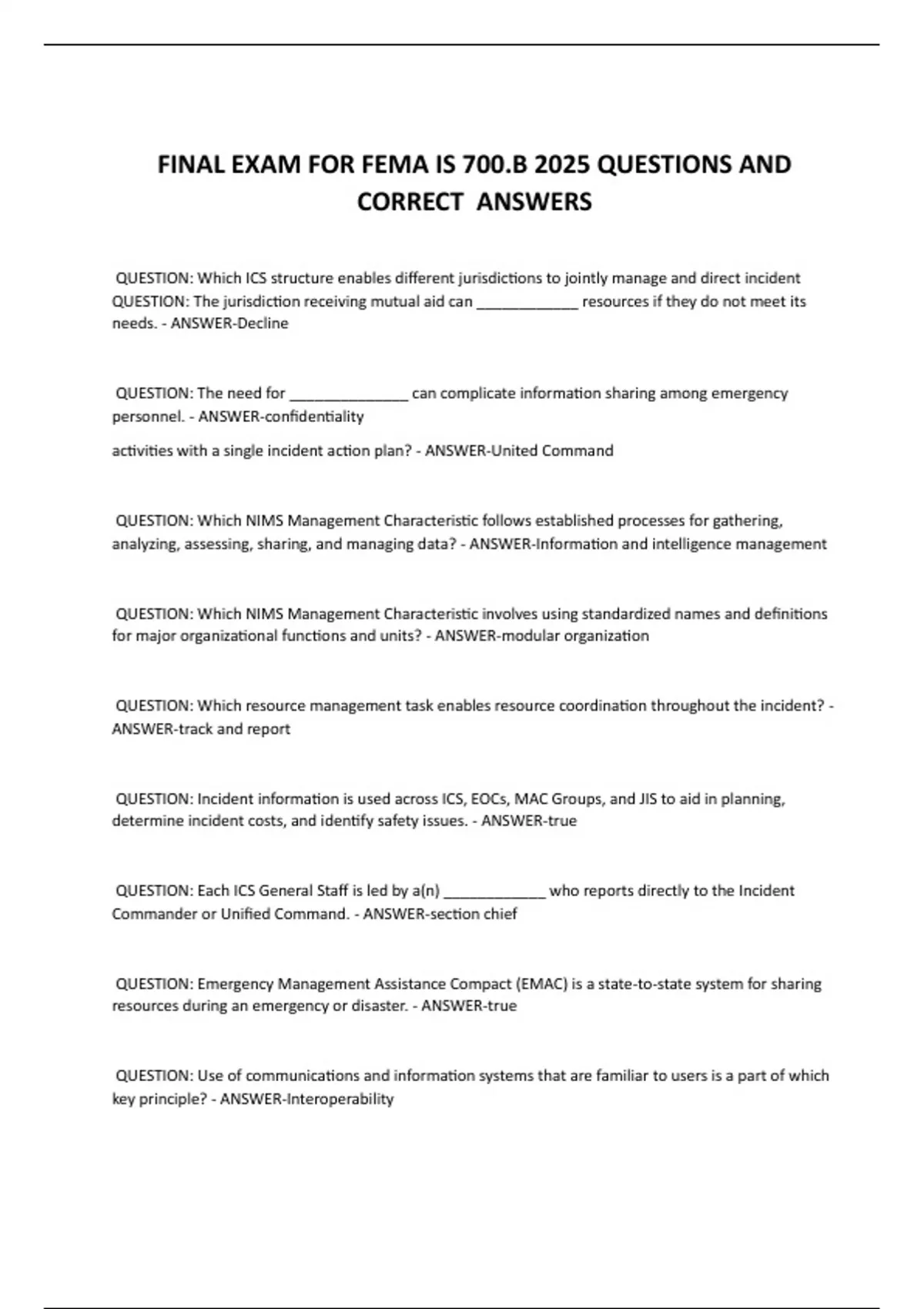 FINAL EXAM FOR FEMA IS 700.B 2025 QUESTIONS AND CORRECT ANSWERS - FEMA ...