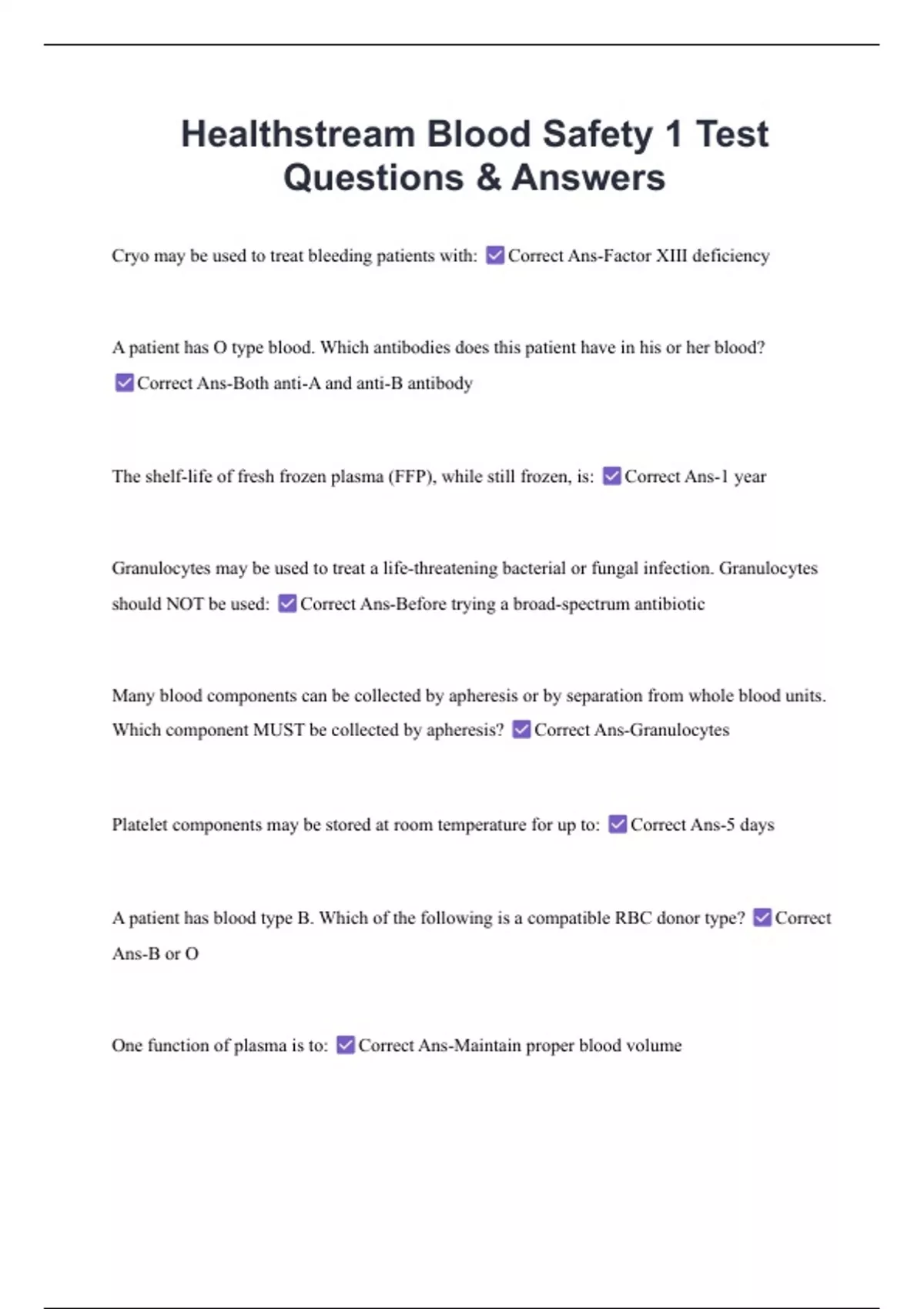 Healthstream Blood Safety 1 Test Questions & Answers - Healthstream ...