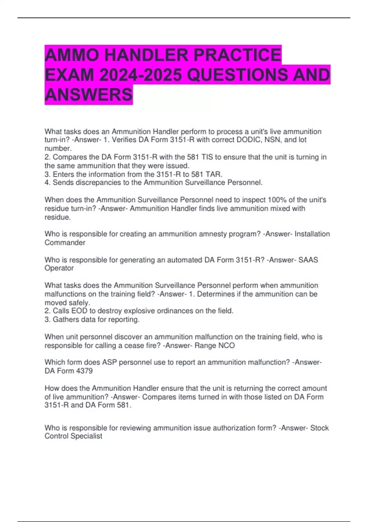 AMMO HANDLER PRACTICE EXAM QUESTIONS AND ANSWERS - AMMO HANDLER - Stuvia US