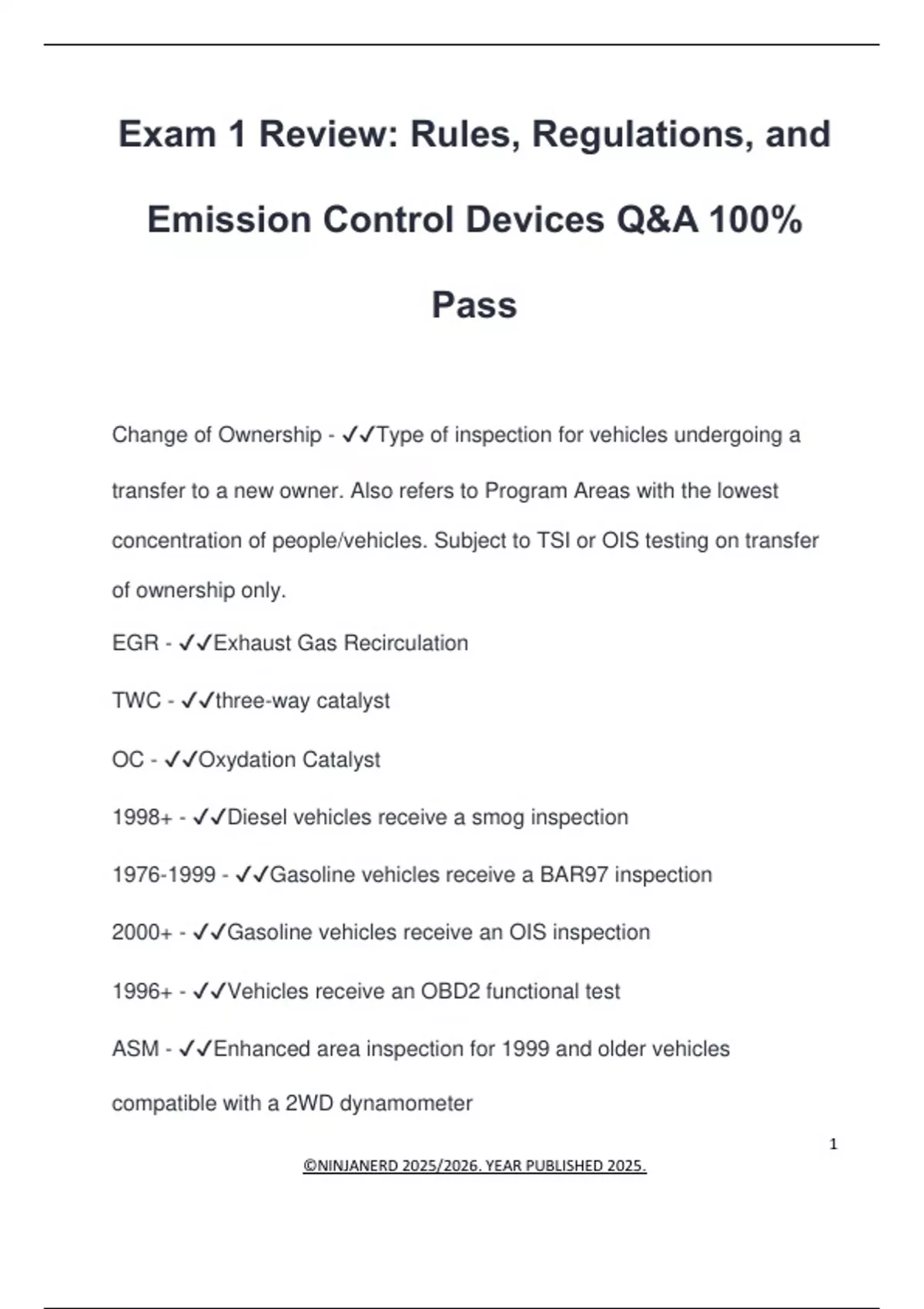 Exam 1 Review: Rules, Regulations, and Emission Control Devices Q&A 100 ...