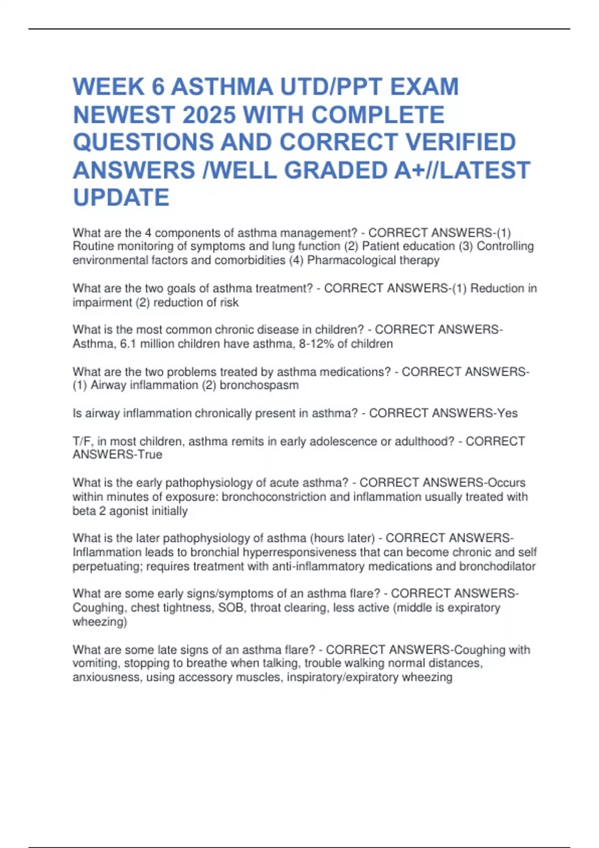 WEEK 6 ASTHMA UTD/PPT EXAM NEWEST 2025 WITH COMPLETE QUESTIONS AND CORRECT VERIFIED ANSWERS ...