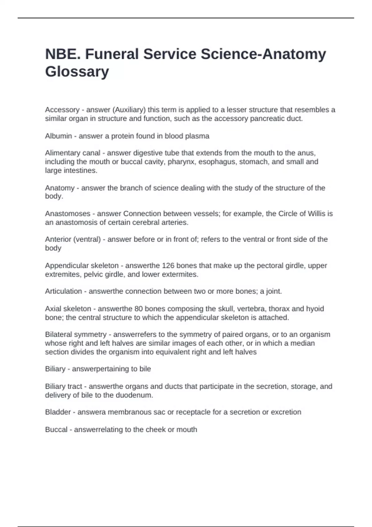 NBE. Funeral Service Science-Anatomy Glossary Questions and Answers ...