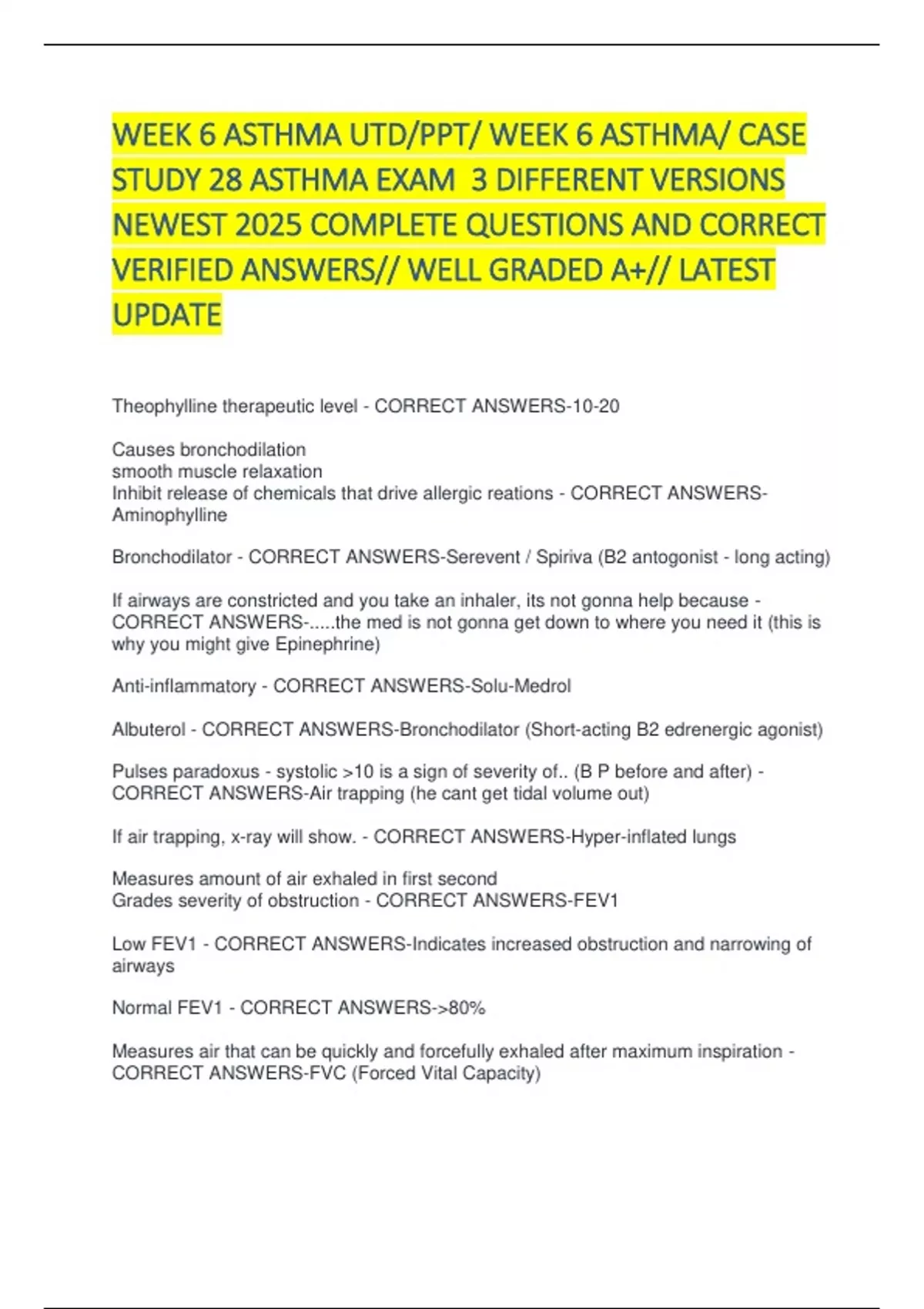 WEEK 6 ASTHMA UTD/PPT/ WEEK 6 ASTHMA/ CASE STUDY 28 ASTHMA EXAM 3 DIFFERENT VERSIONS NEWEST 2025 ...