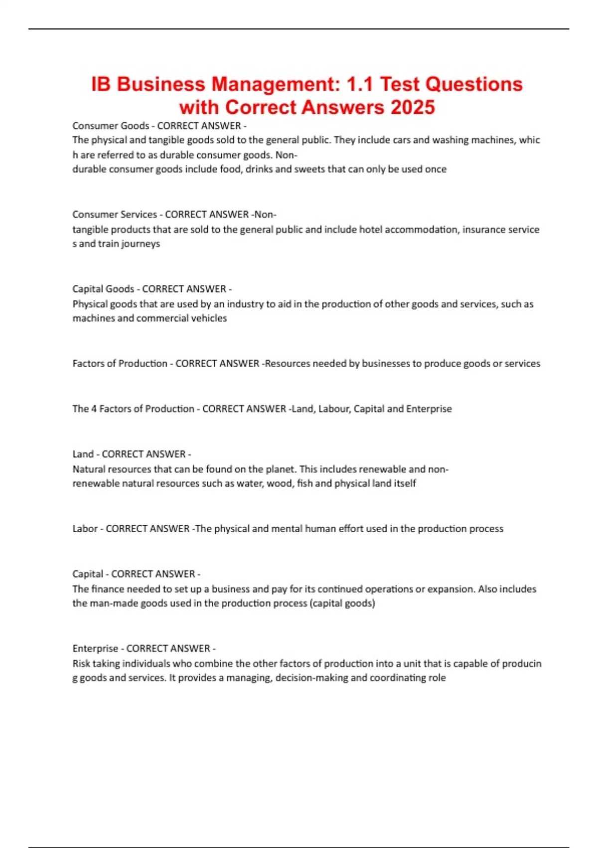 IB Business Management: 1.1 Test Questions with Correct Answers 2025 ...
