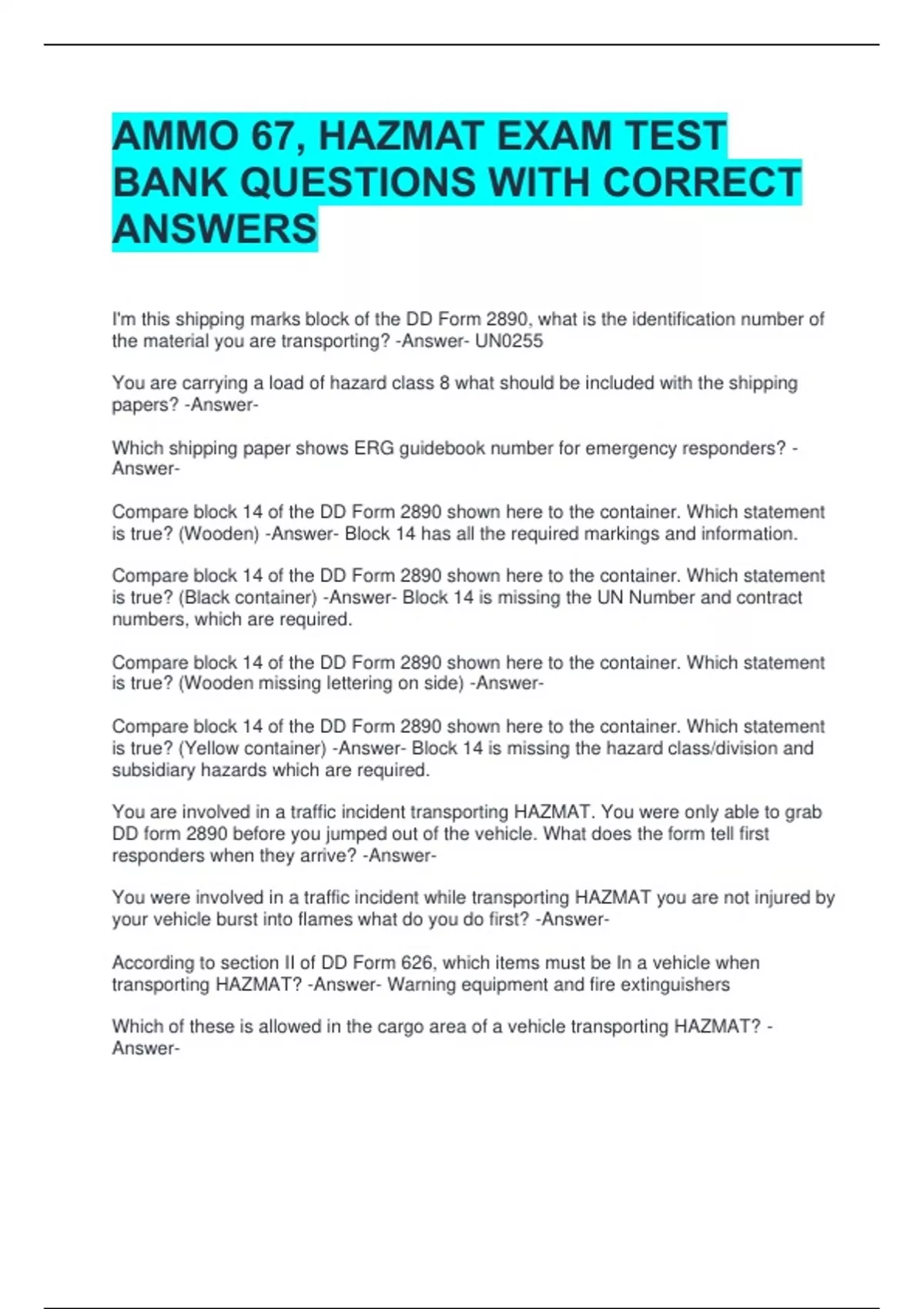 AMMO 67, HAZMAT EXAM TEST BANK QUESTIONS WITH CORRECT ANSWERS - AMMO 67 ...
