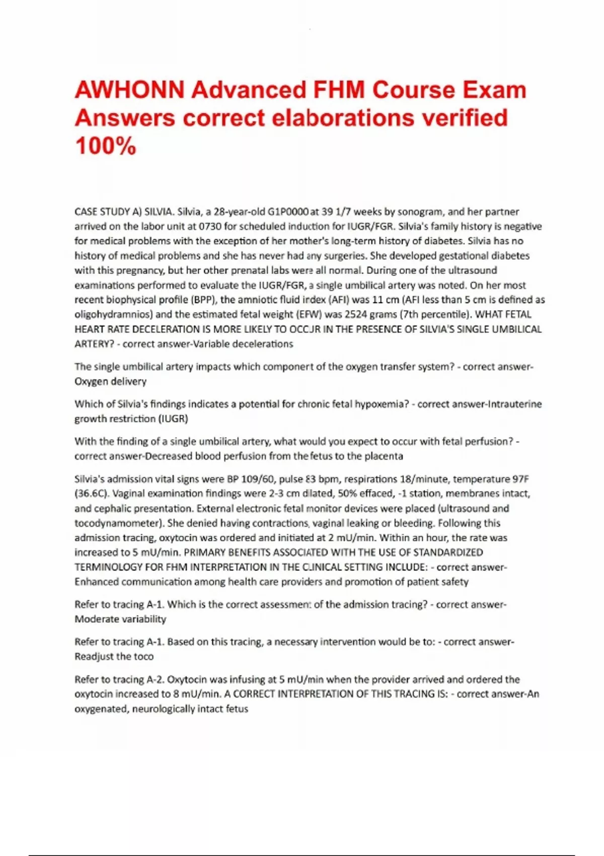 AWHONN Advanced FHM Course Exam Answers correct elaborations verified ...