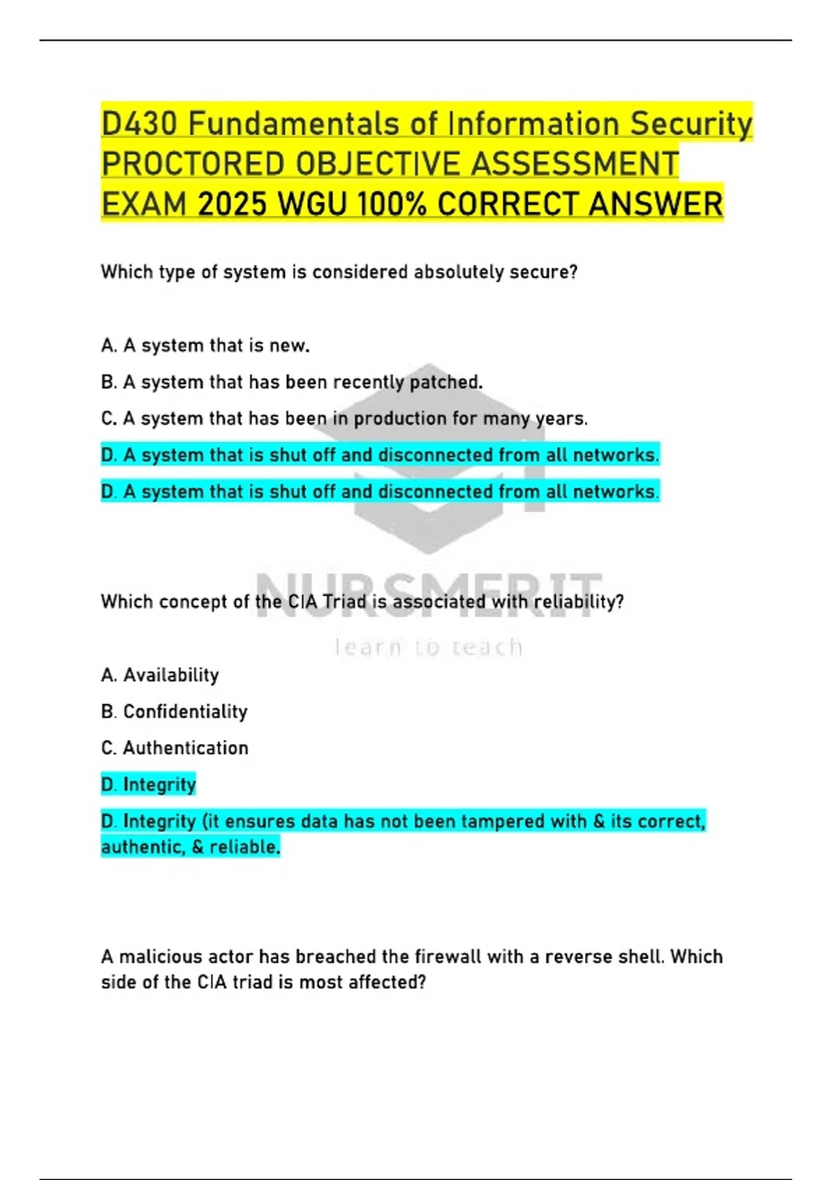 D430 Fundamentals of Information Security PROCTORED OBJECTIVE ASSESSMENT EXAM 2025 WGU 100% ...
