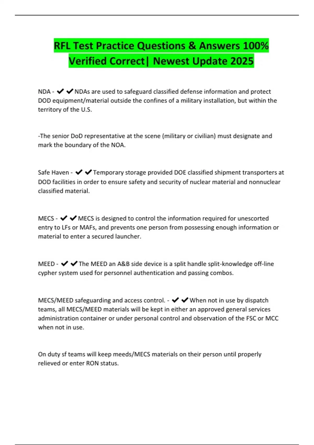 RFL Test Practice Questions & Answers 100% Verified Correct| Newest ...