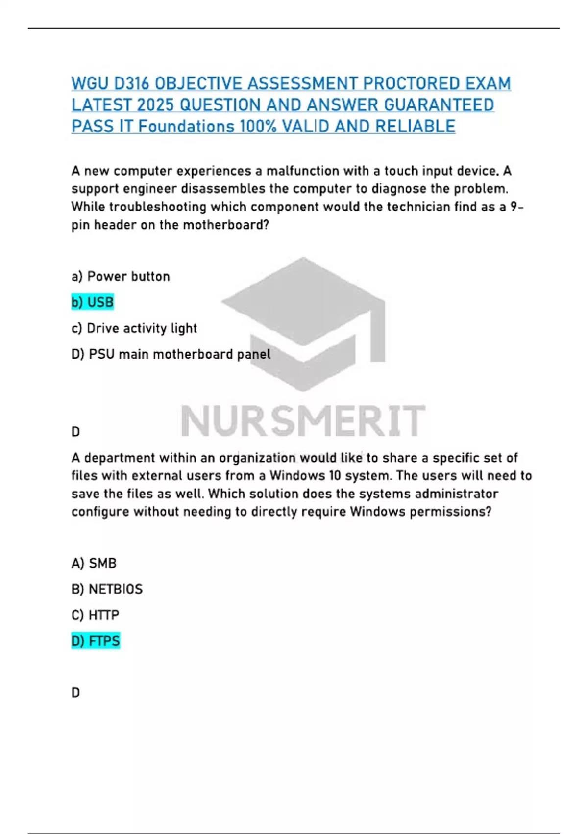 WGU D316 OBJECTIVE ASSESSMENT PROCTORED EXAM LATEST 2025 QUESTION AND ...