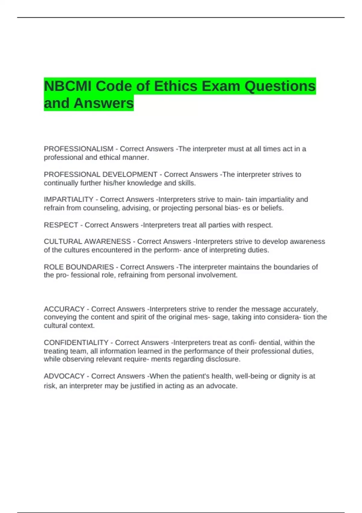 NBCMI Code of Ethics Exam Questions and Answers - NBCMI - Stuvia US