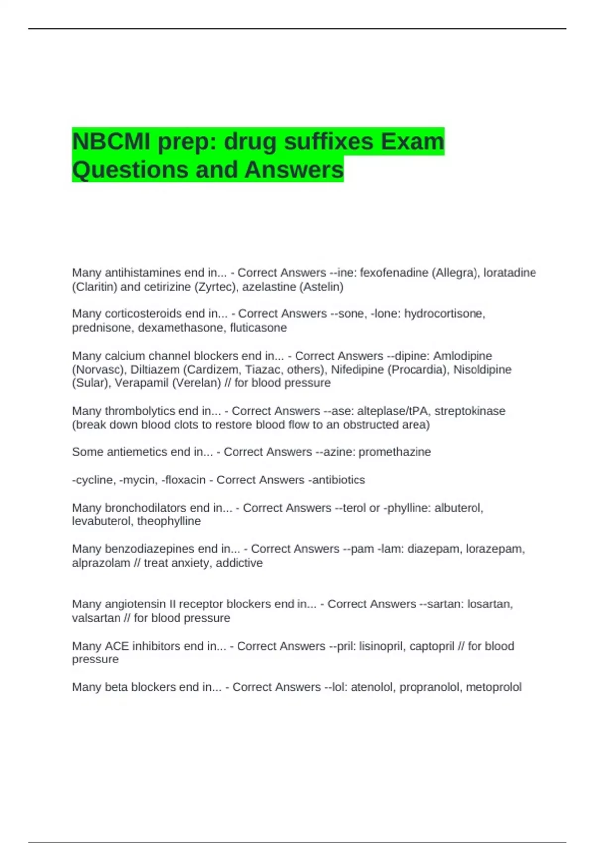 NBCMI prep drug suffixes Exam Questions and Answers - NBCMI - Stuvia US