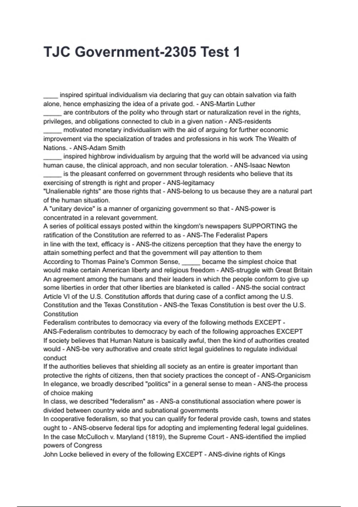TJC Government-2305 Test 1 QUESTIONS WITH DETAILED VERIFIED ANSWERS ...