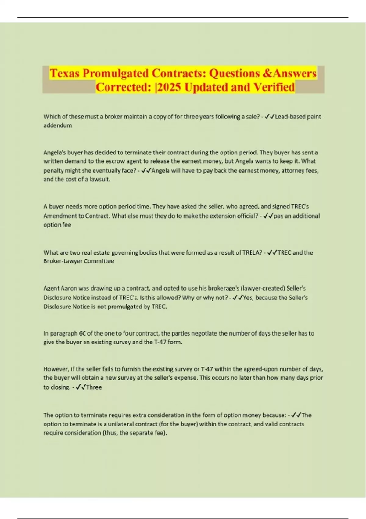 Texas Promulgated Contracts: Questions &Answers Corrected: |2025 Updated and Verified - Texas ...
