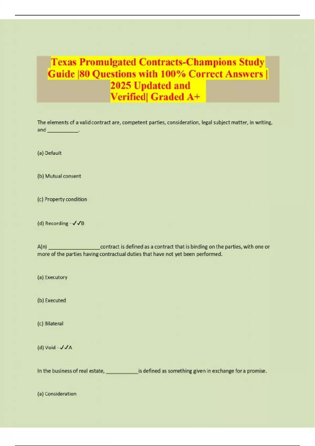Texas Promulgated Contracts-Champions Study Guide |80 Questions with ...