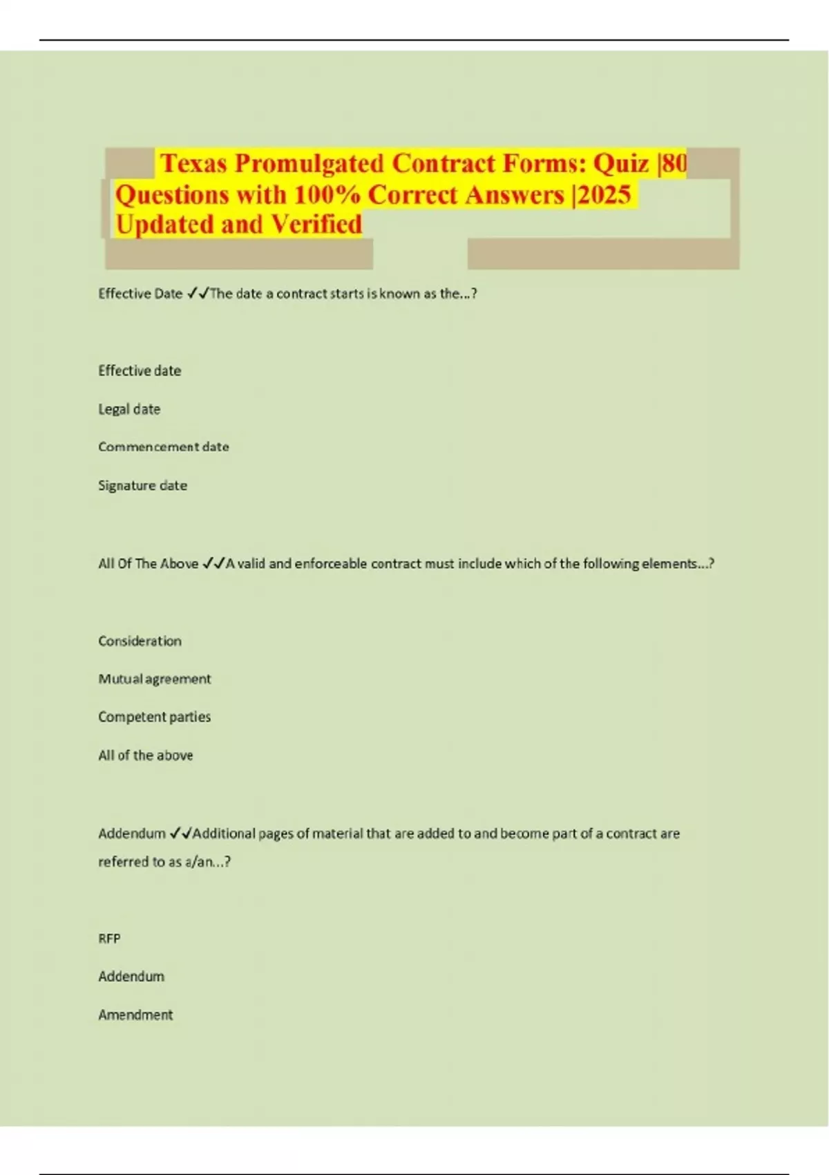 Texas Promulgated Contract Forms: Quiz |80 Questions with 100% Correct ...