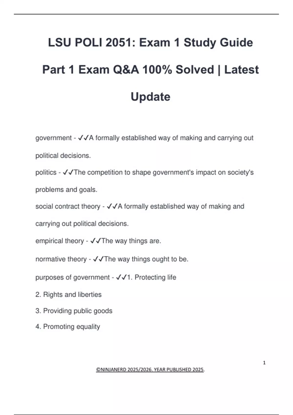 LSU POLI 2051: Exam 1 Study Guide Part 1 Exam Q&A 100% Solved | Latest ...