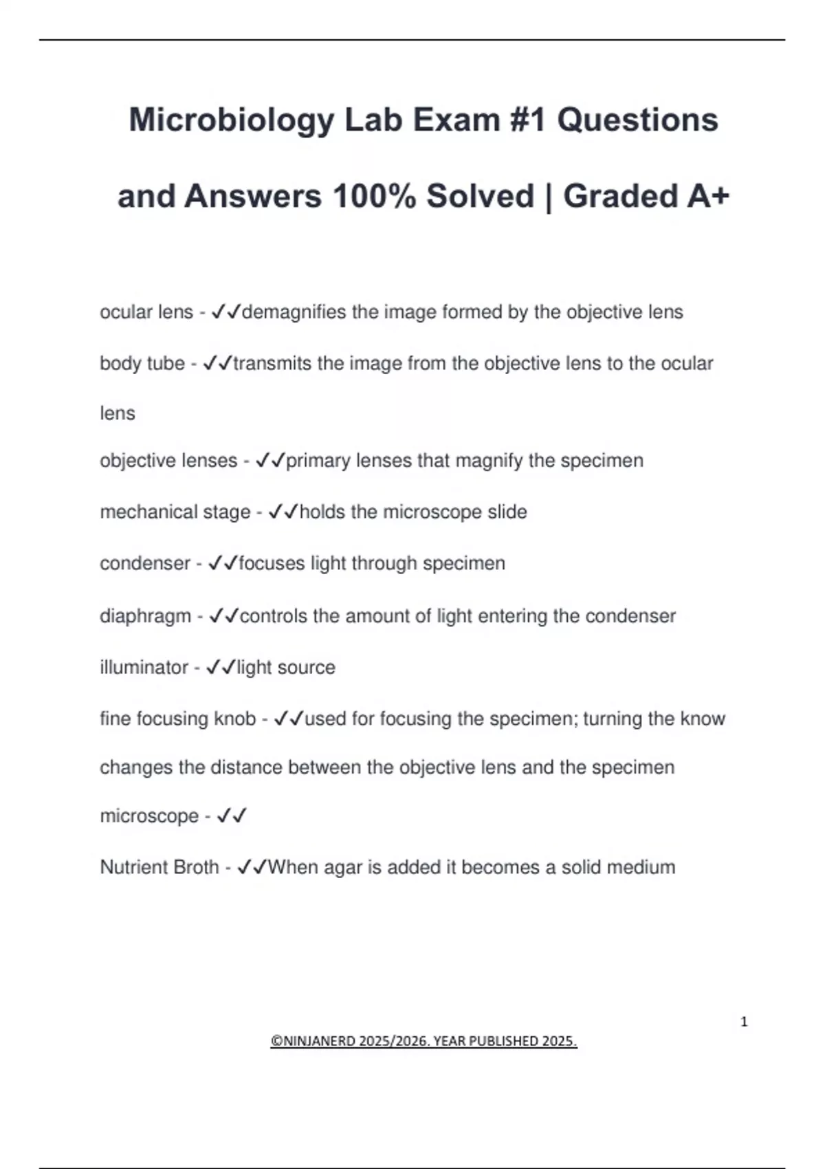 Microbiology Lab Exam #1 Questions and Answers 100% Solved | Graded A+ ...